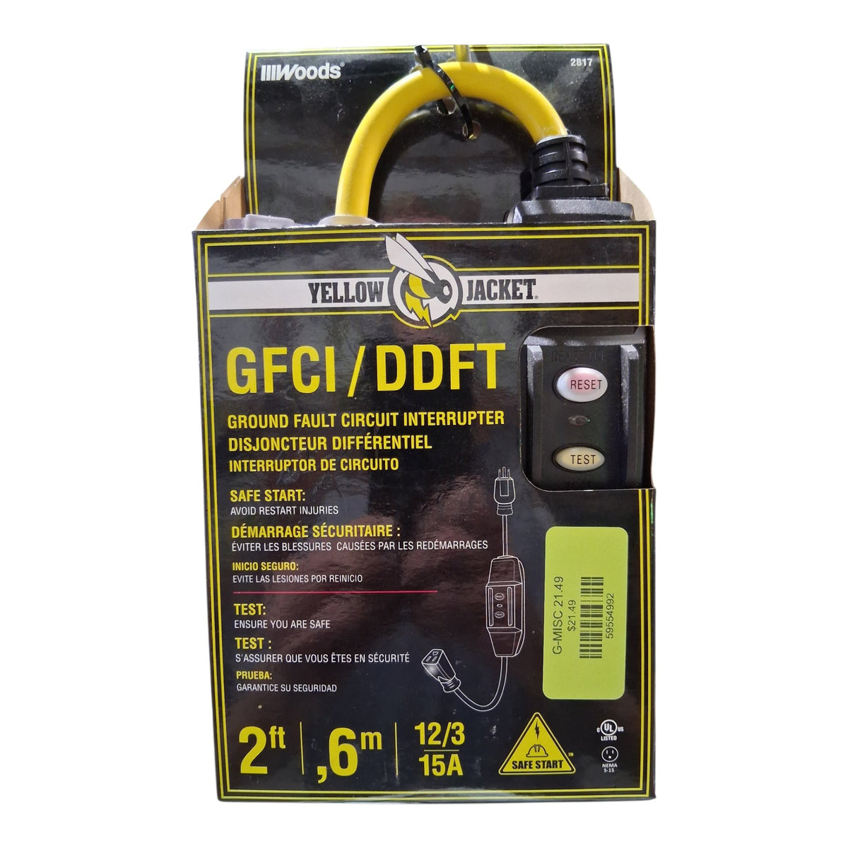 Yellow Jacket In‑Line GFCI — 2 ft. 12/3 SJTW Cord with Lighted Recepta ...