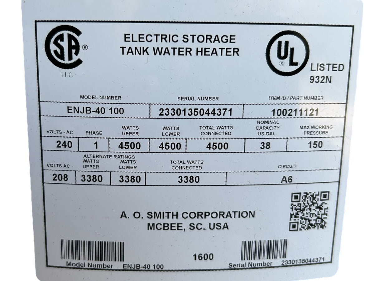 AO Smith, ENJB-40 100,38-GALLON, (31.25T X 24W) 240V, ProLine, Lowboy ...
