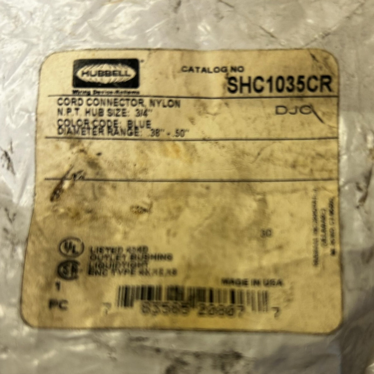 Hubbell, SHC1035CR, LIQUID TIGHT CORD CONNECTOR - NEW IN ORIGINAL PACK ...